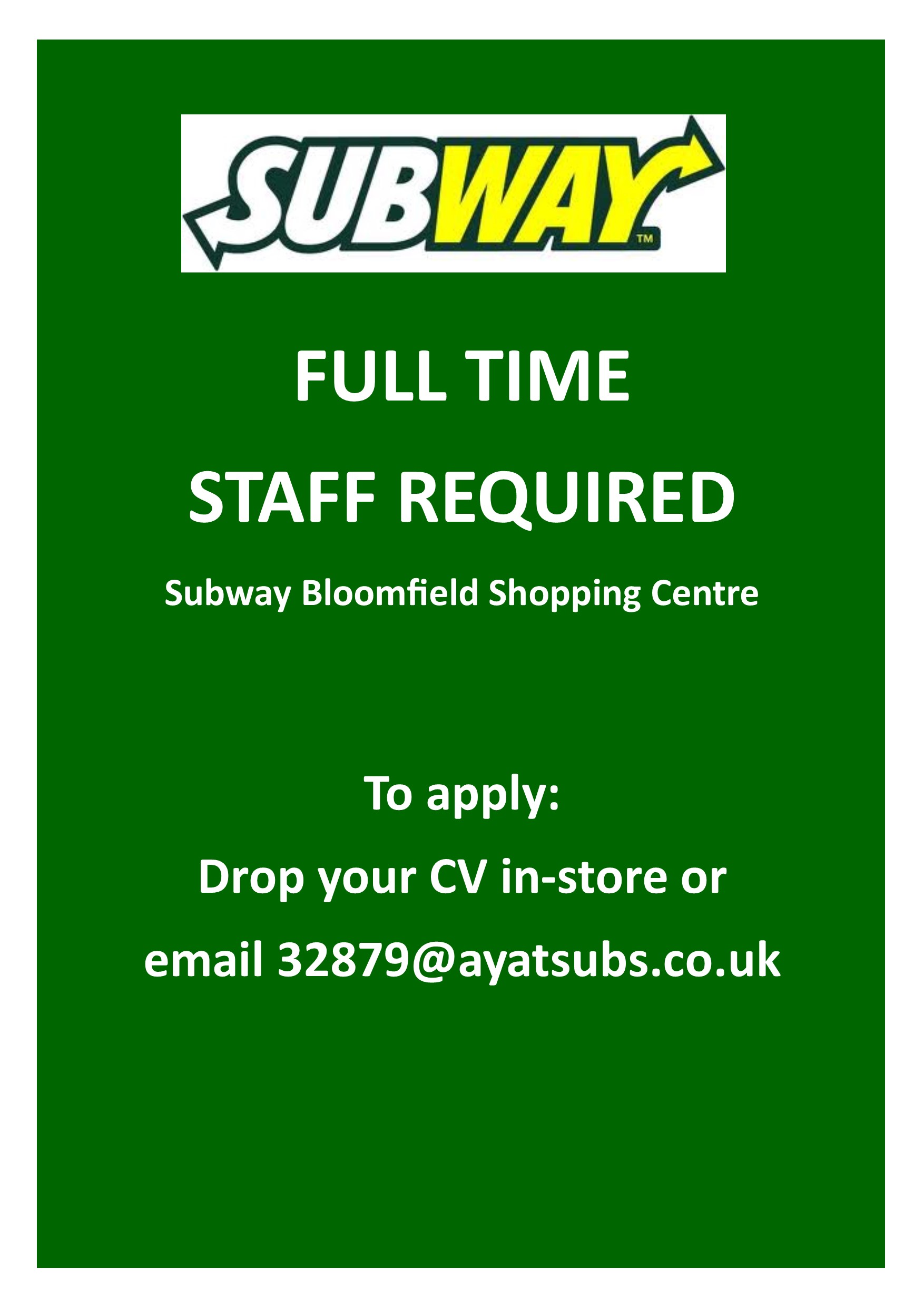 Subway are Hiring! - Lesley Bloomfield